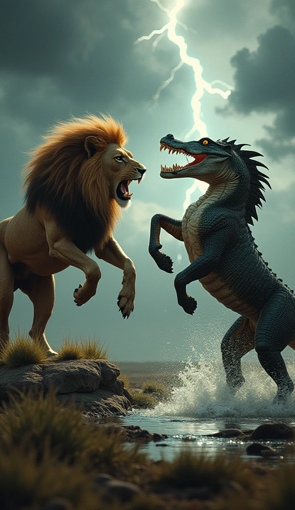 "Depict a dramatic standoff where a fierce lion, a powerful horse ...
