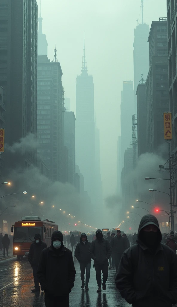 A smoky, polluted urban skyline filled with traffic jams. Cars belching ...