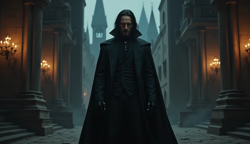 Keanu Reeves with vampire teeth in a dark Dracula castle, - SeaArt AI