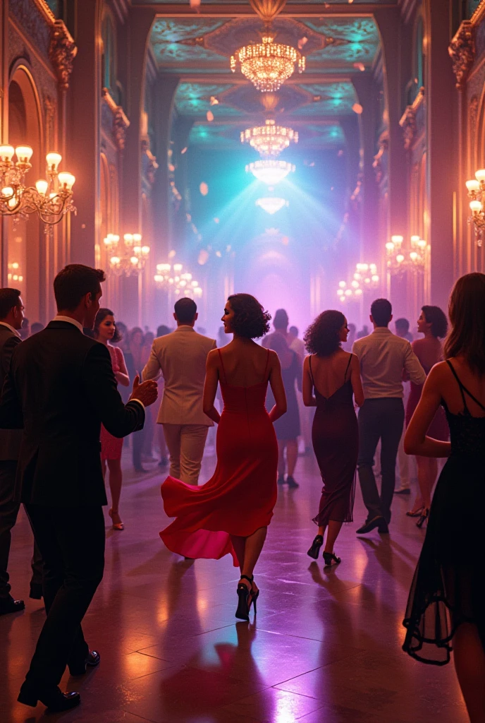 A fun party scene with people dancing and colorful lights everywhere ...