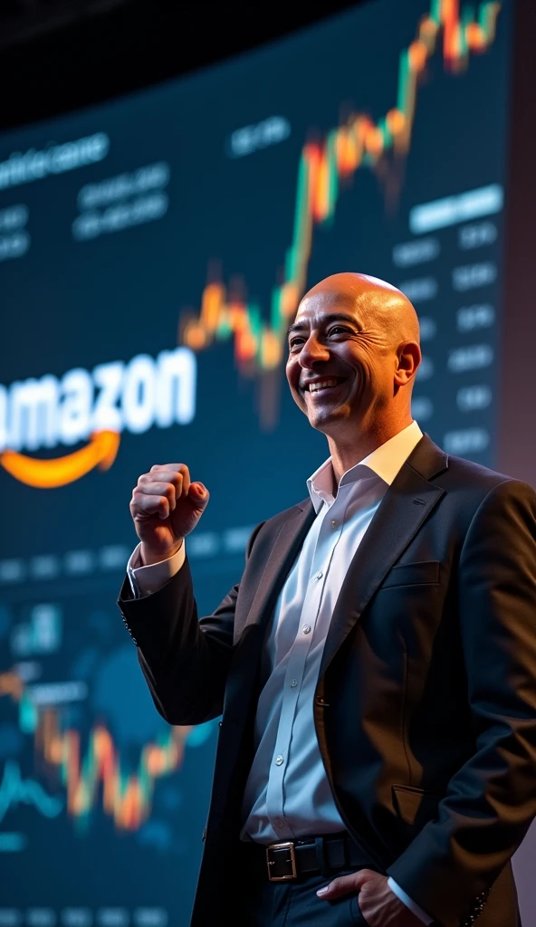 Split-screen showing Jeff Bezos triumphantly smiling with Amazon ...