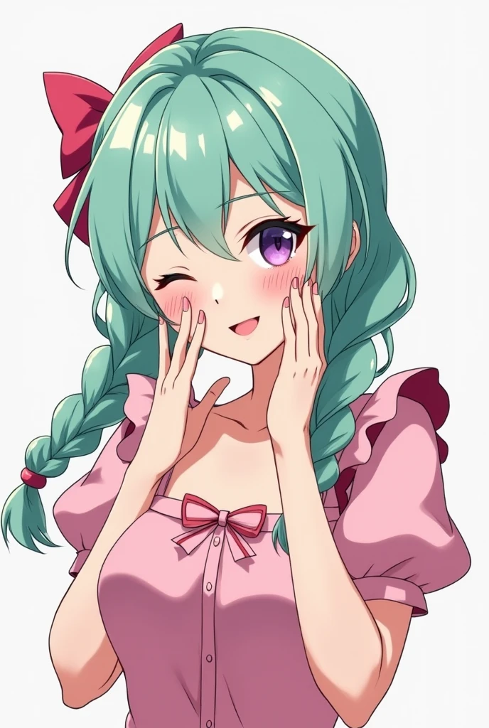Create an anime girl with two braids in the color aqua green with a bow ...