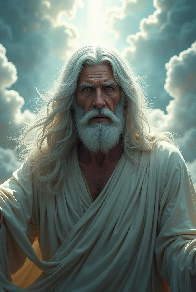 Create an image of Jesus Christ, hair as white as wool, dark fur and ...