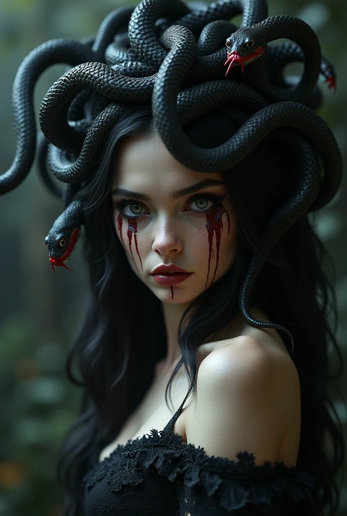 Medusa snake dress black blood dripping on the cheeks - SeaArt AI