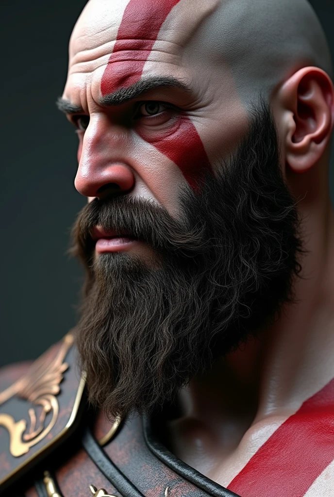 A close up of a man with a beard and a leather outfit, god of war 2 0 1 ...