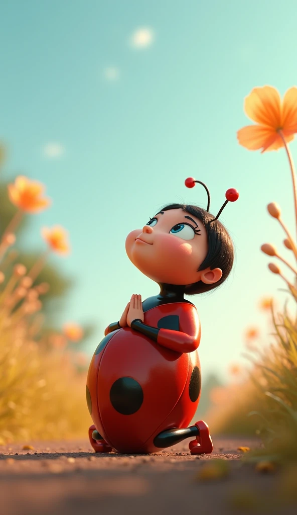 An image of a Pixar-type ladybug looking up at the sky and praying ...