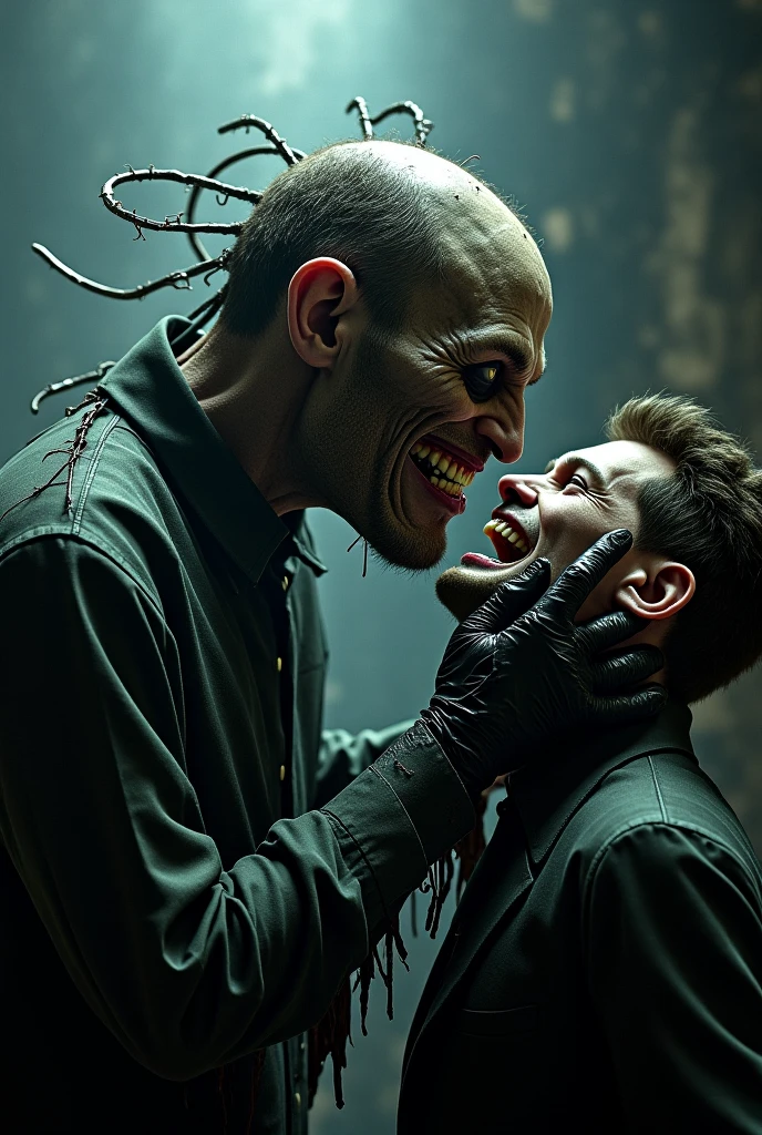 Crazy ugly monster scientist with black gloves Kiss a man horror ...