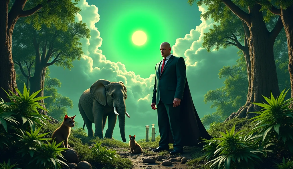 Bald Lex Luthor, an elephant, Cat, hemp, jungle, green sun , bong ...