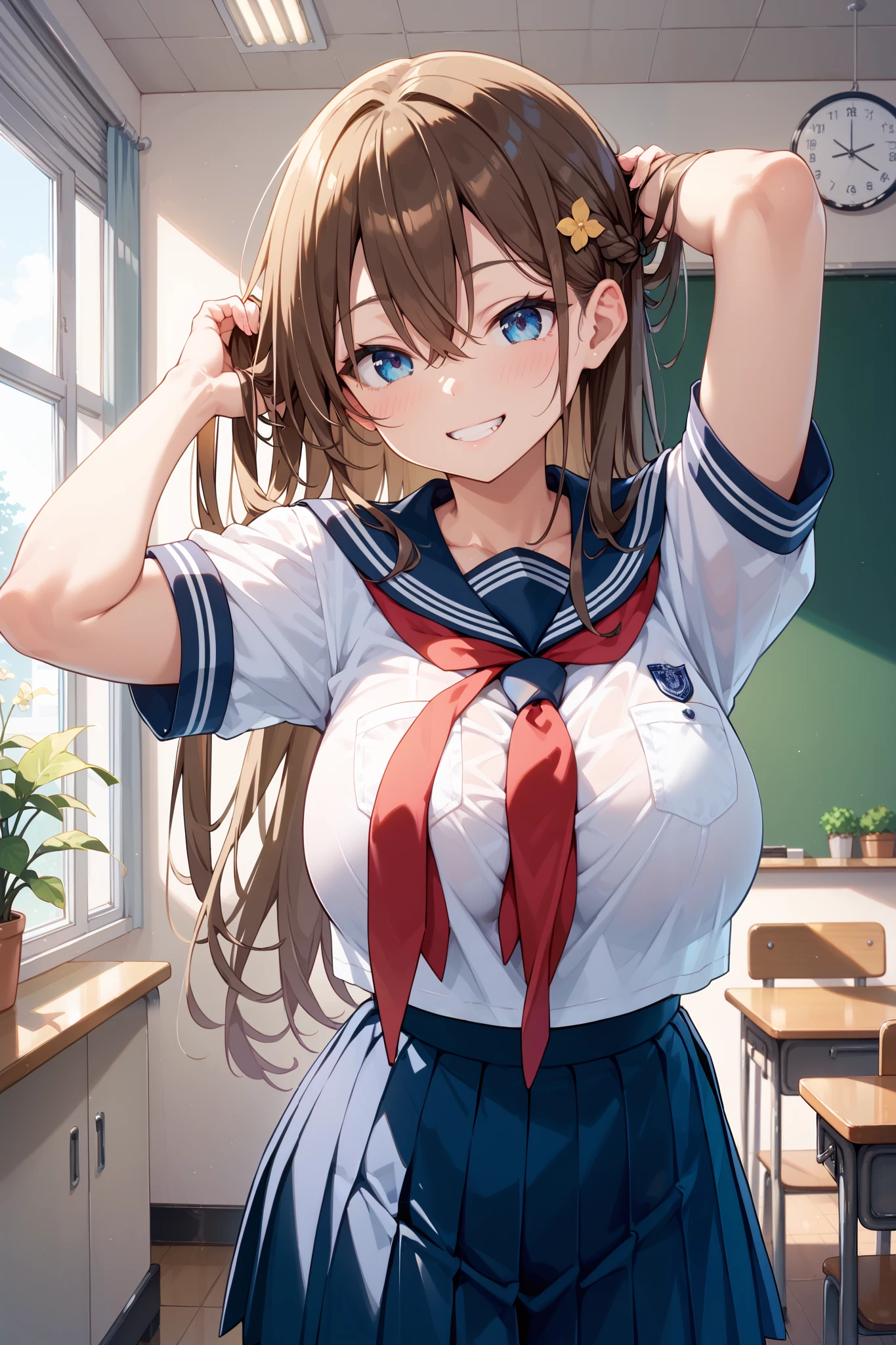 Anime girl in a school uniform holding her hair up - SeaArt AI