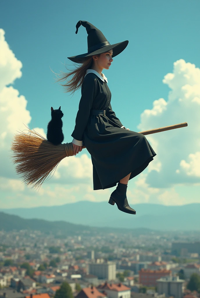 Hyperreal、photograph、 girl straddling a broom in the sky 、grab the brim ...