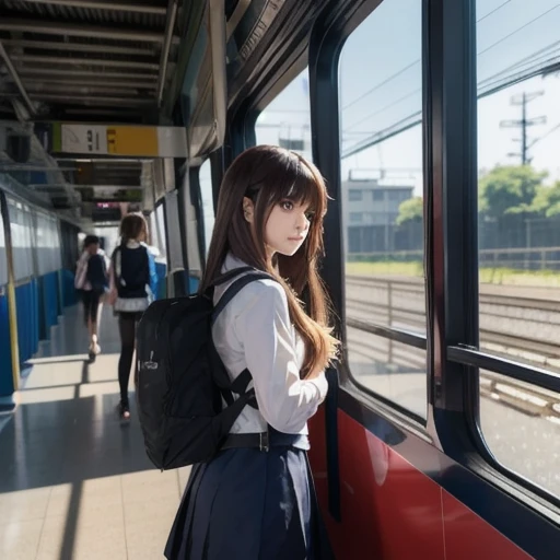 A long-haired anime girl is walking on the train platform, fleet this ...