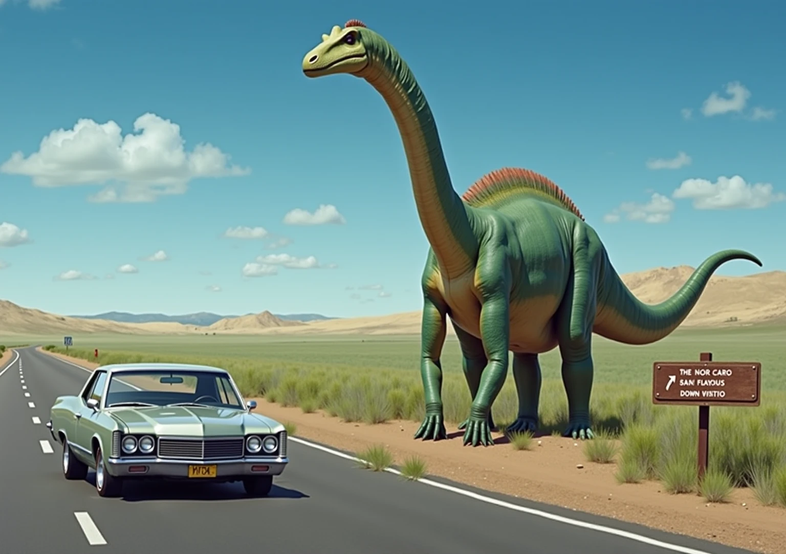 Dinossaur on the side of the road with a sign and a car, brachiosaurus ...