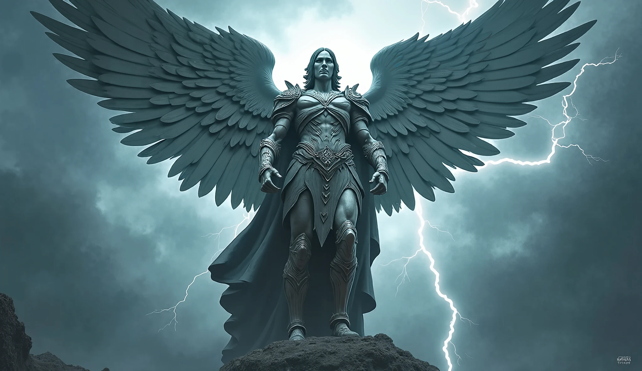 Arafed statue of a man with wings on a rock - SeaArt AI