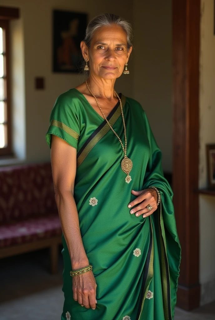There is a woman standing in a room with a green dress, a picture ...