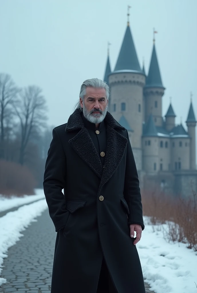 Arafed man in a black coat standing in front of a castle, a colorized ...