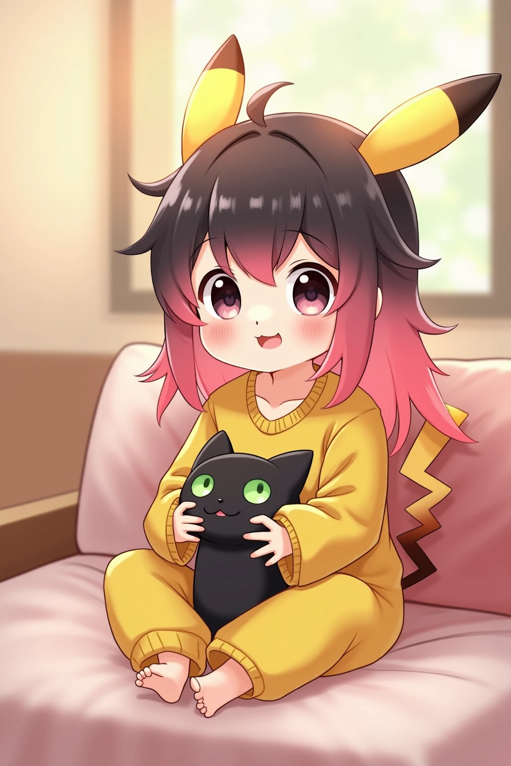 A boy with long pink and black hair and dark eyes, and short hair ...