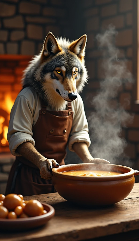 AN ULTRA-REALISTIC IMAGE OF A WOLF CHEF IN A COZY, RUSTIC FANTASY ...