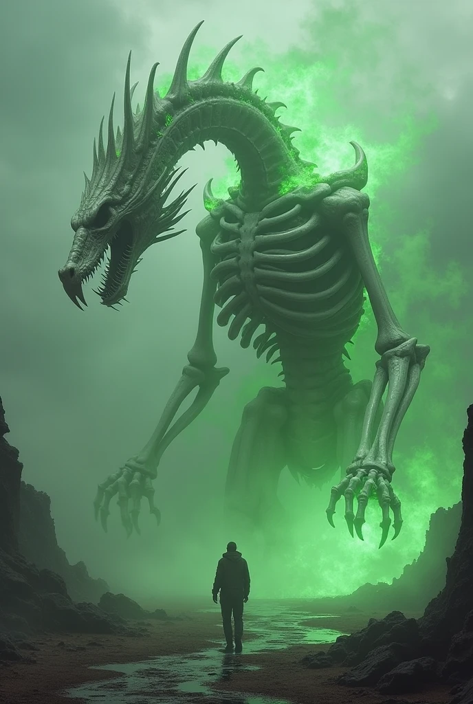 A violent and enormous bone dragon with green soul flames - SeaArt AI