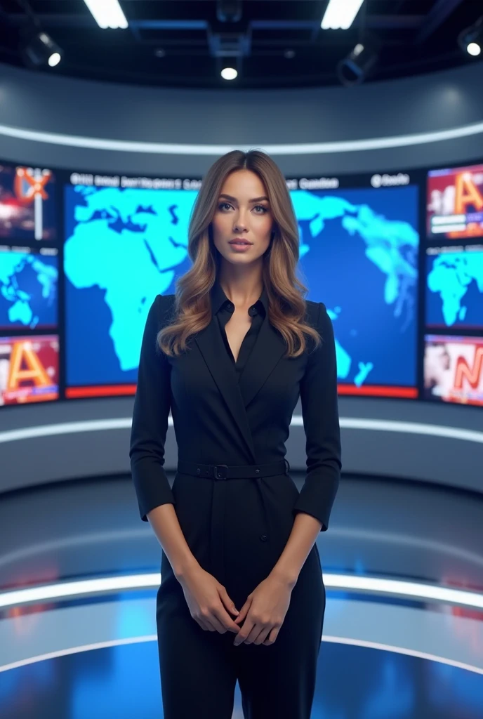 "A modern news studio with a live broadcast setup, featuring digital ...