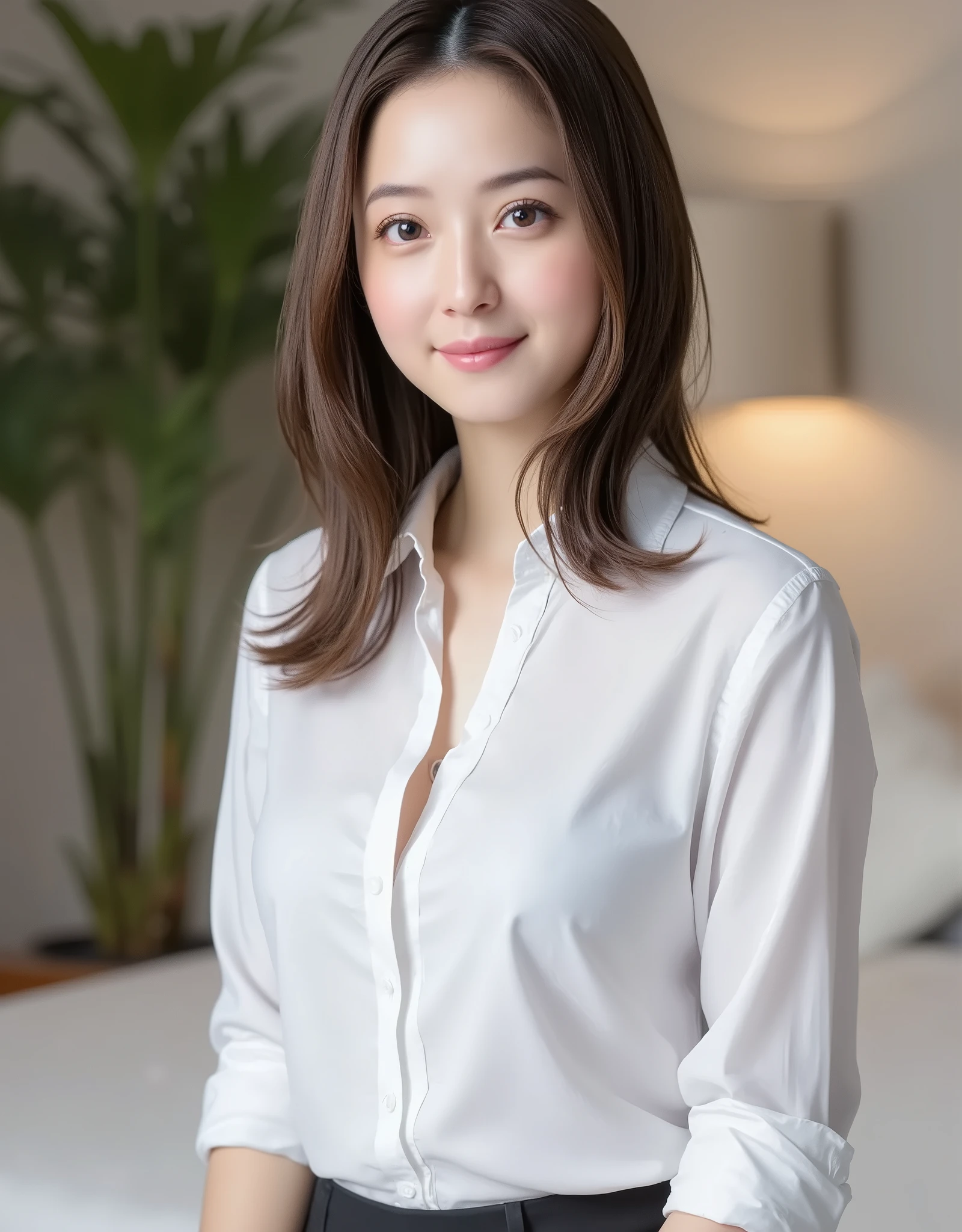 Arafed woman in a white shirt and black pants posing for a picture ...