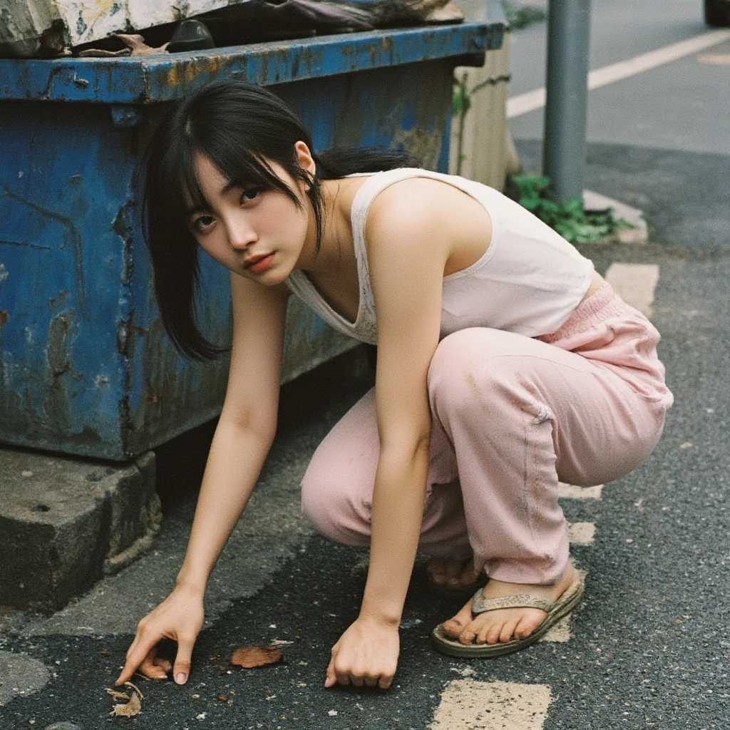 Short low ponytail , snapshot,poor,documentary, Sidewalk dumpster - SeaArt AI