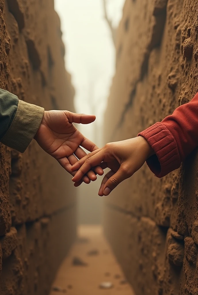 On one side of the rough mud wall is the hand of a simple village girl ...