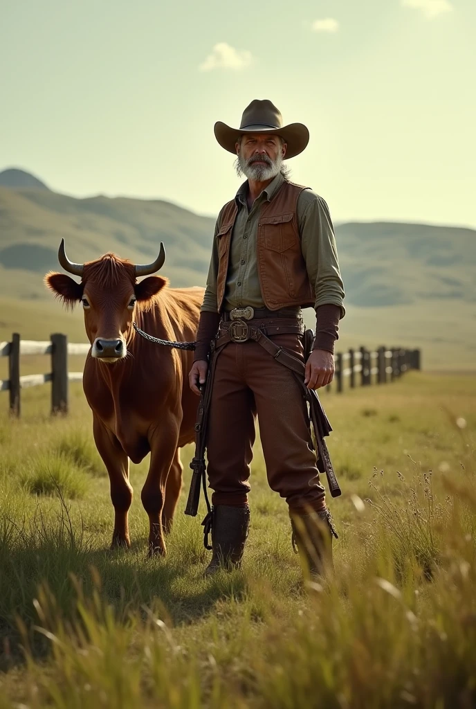 A cow boy with cow in the field - SeaArt AI