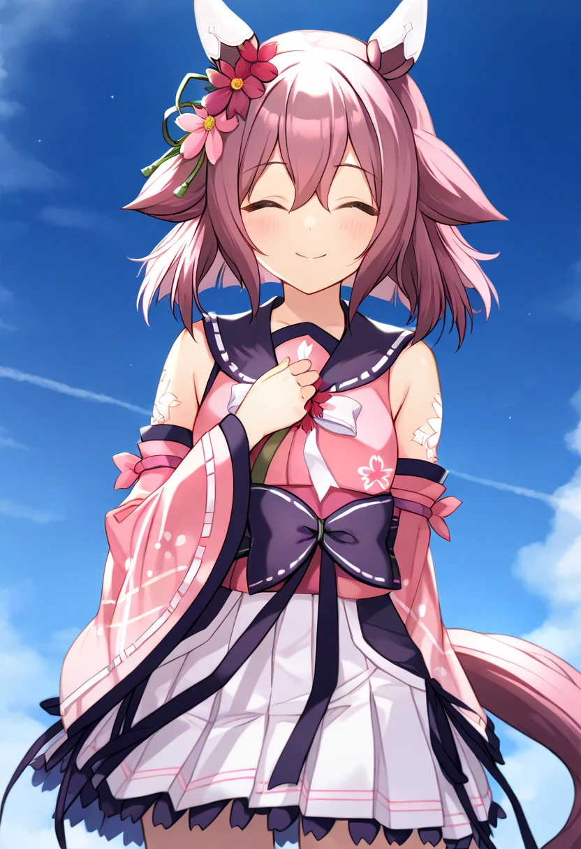 Cowboy shot, standing, hand on own chest, close eyes, ((1 girl - SeaArt AI