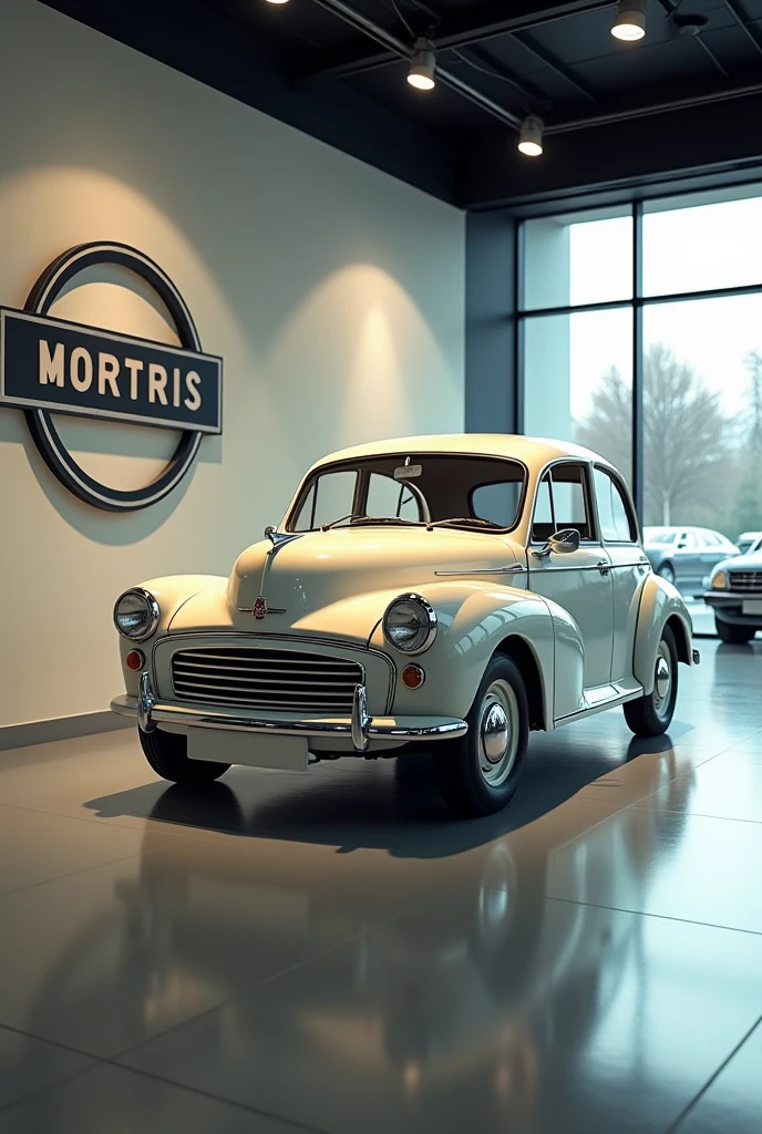 1962 Morris Minor in sleek showroom with Morris background wall logo ...