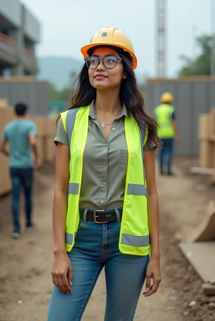 Indonesian woman with a project helmet and wearing a safety vest and a ...
