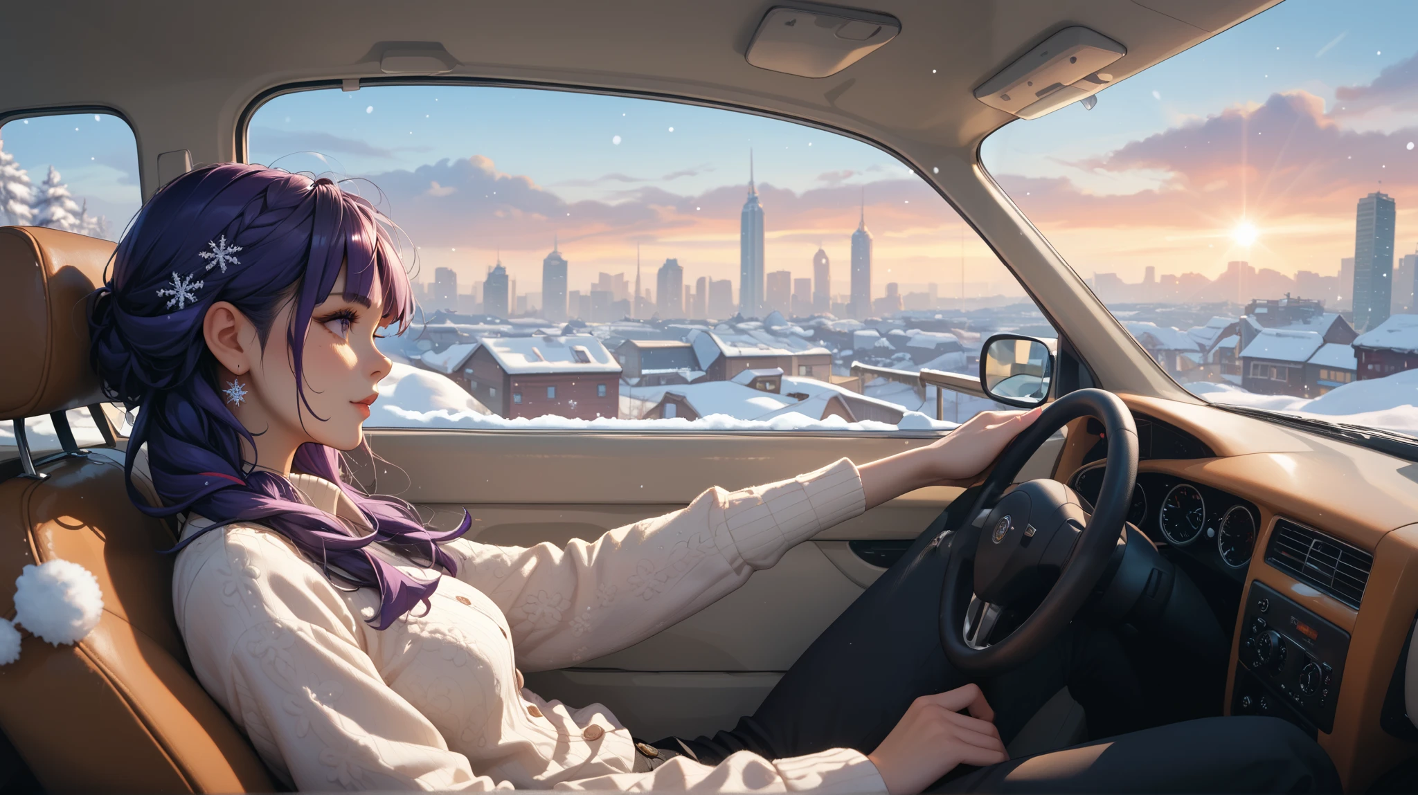 Anime girl in a car with a city in the background（raiden shogun ...