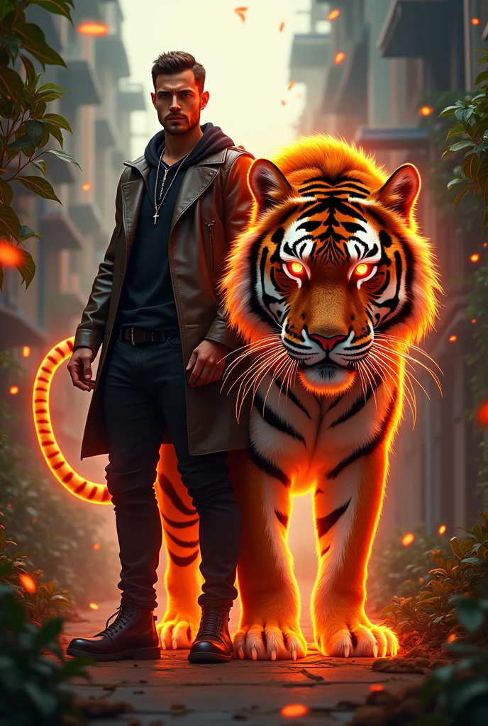 European guy with a tiger in orange and neon logo - SeaArt AI