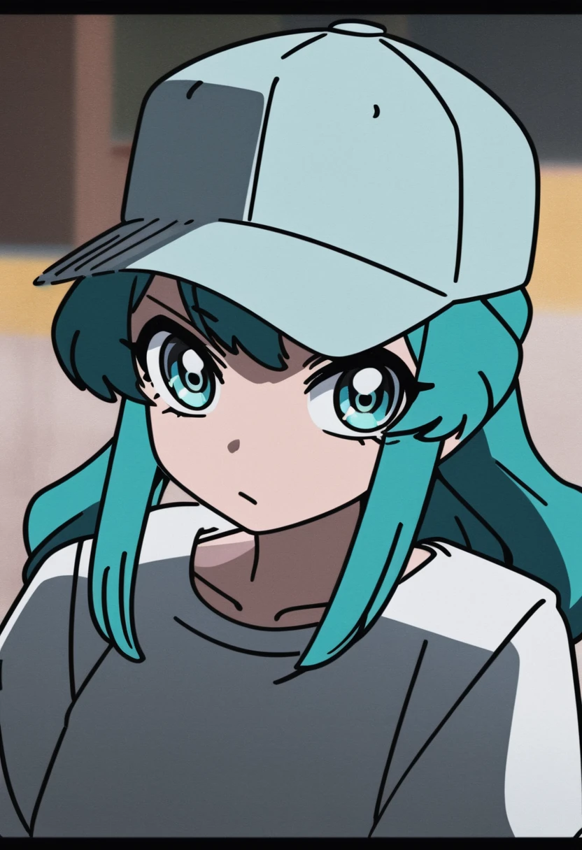 Blue haired anime girl wearing a baseball cap and white shirt - SeaArt AI