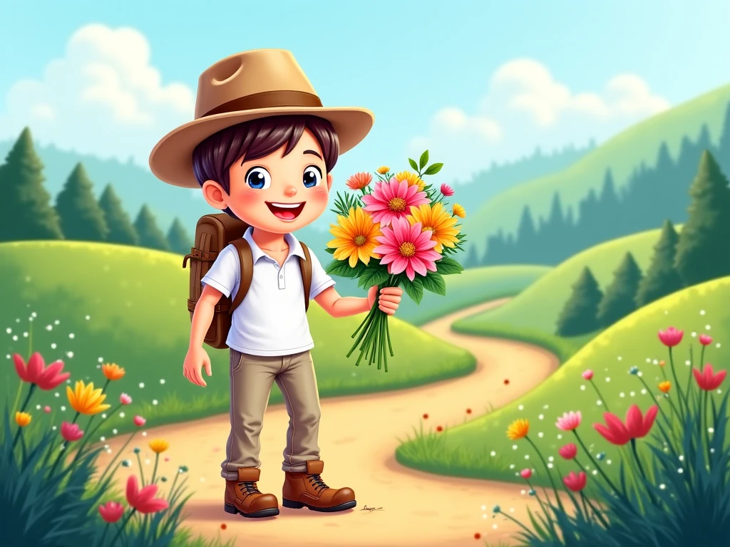 Create a cartoon style with touring clothes , white shirt and a bouquet ...