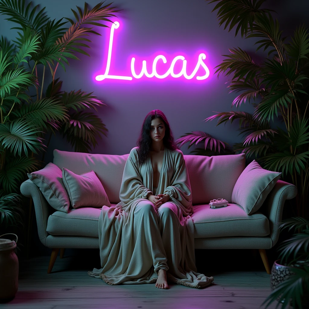 Create a character sitting on the couch in a room full of hemp leaves ...
