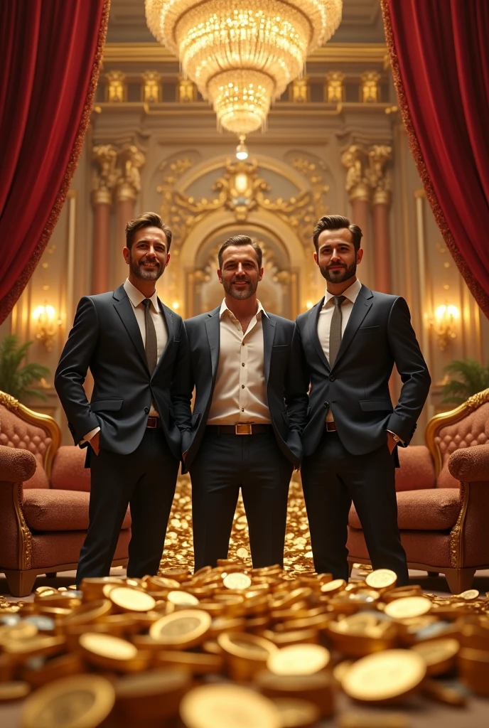 3 richmen, 30 yo, with money and gold showering - SeaArt AI