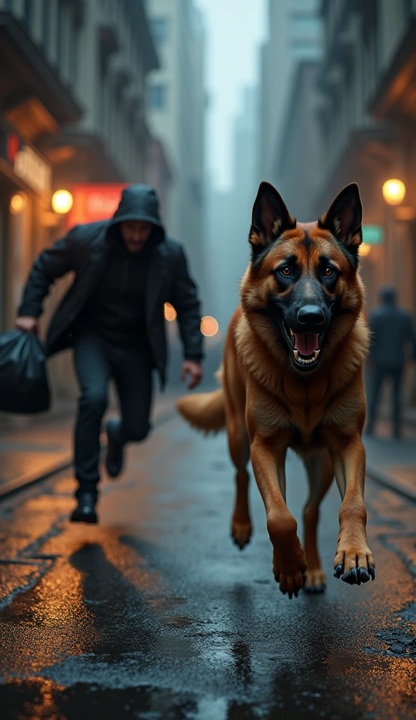 Create a hyper-realistic image of a German shepherd chasing the thief ...