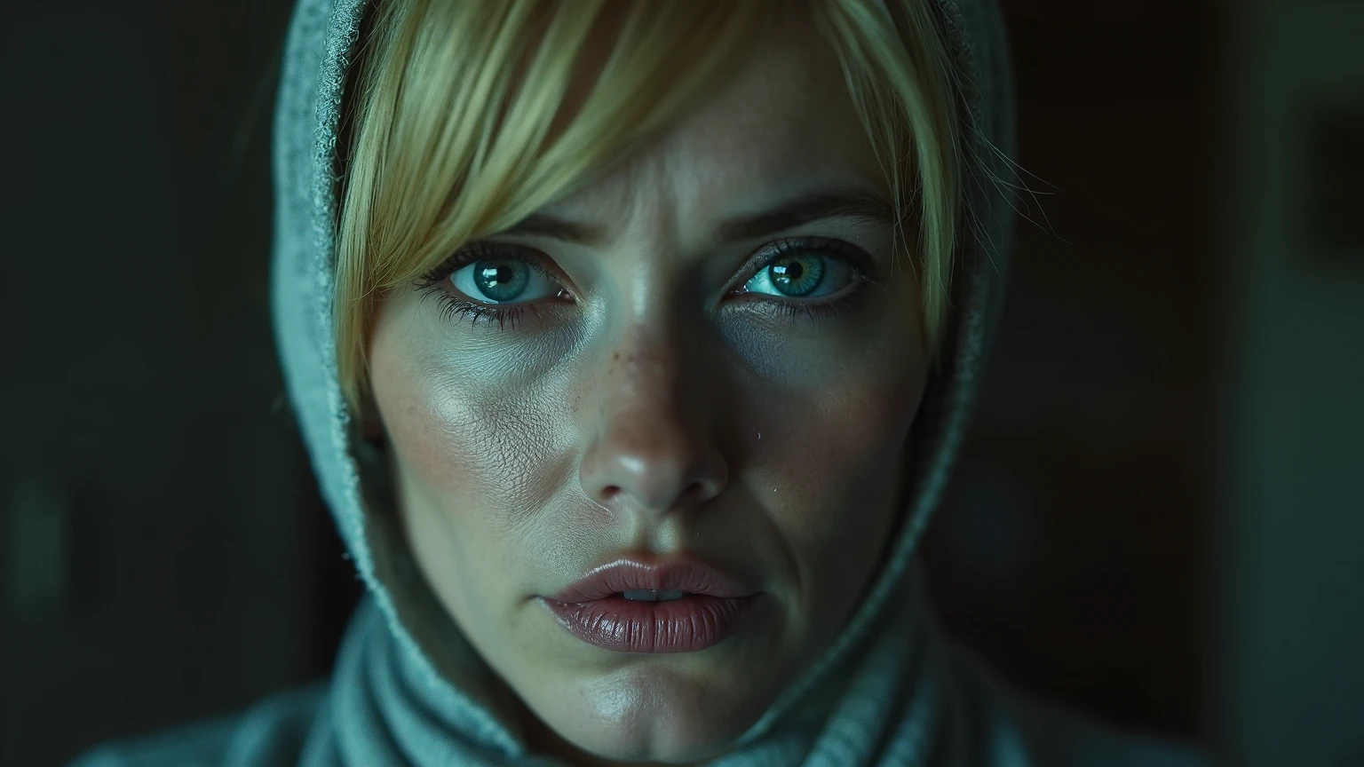 Blond woman with blue eyes and a hoodie staring at the camera - SeaArt AI