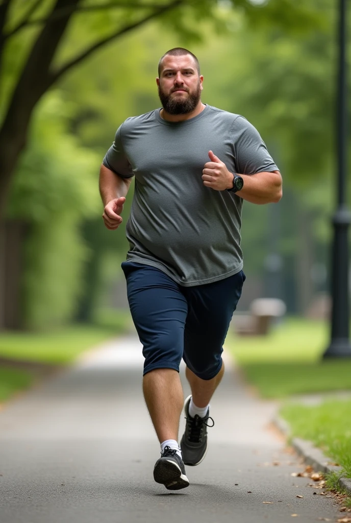Average man without a beard and slightly overweight running outdoors ...