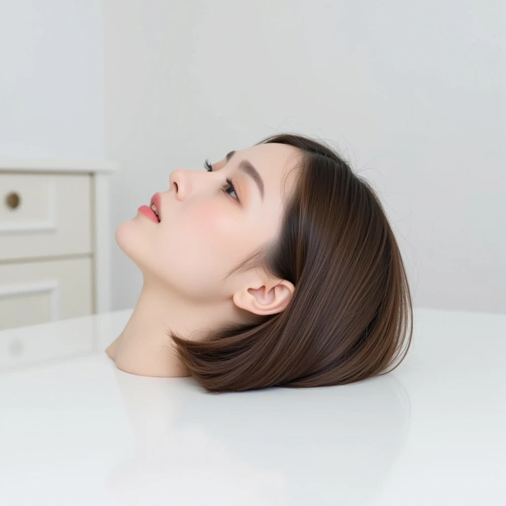 A beautiful young european woman's disembodied head lies down on a ...