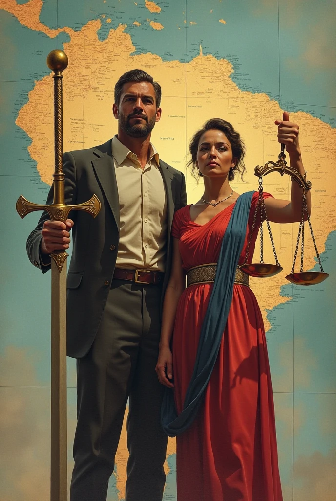 Create me an image of a man and a woman representing truth with a sword ...