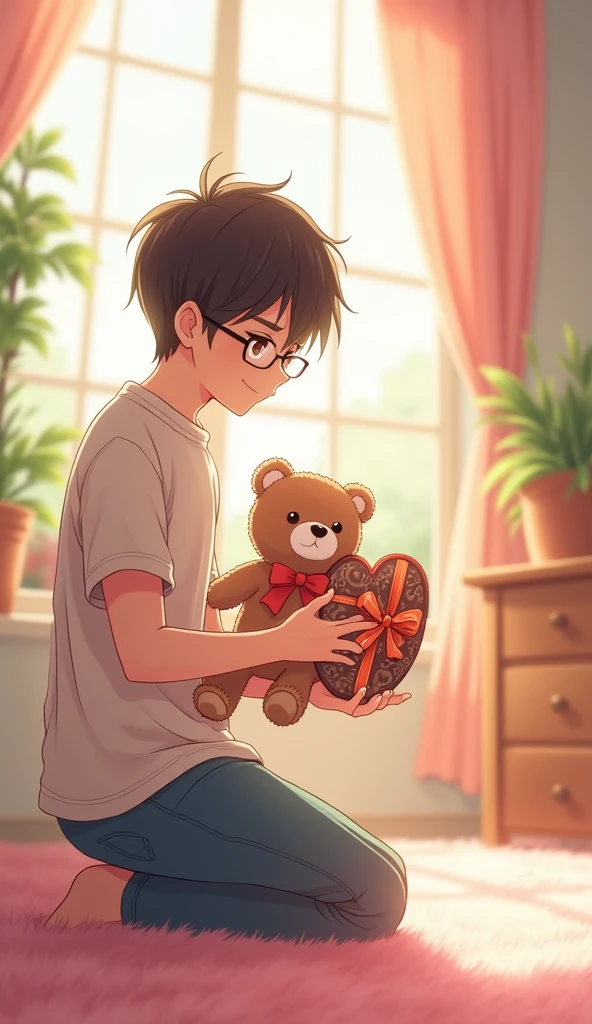 An anime boy wearing glasses proposing with cute teddy and chocolate ...