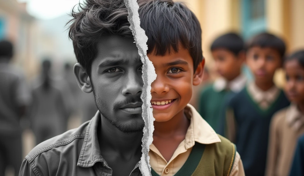 This image features a striking juxtaposition split diagonally down the ...