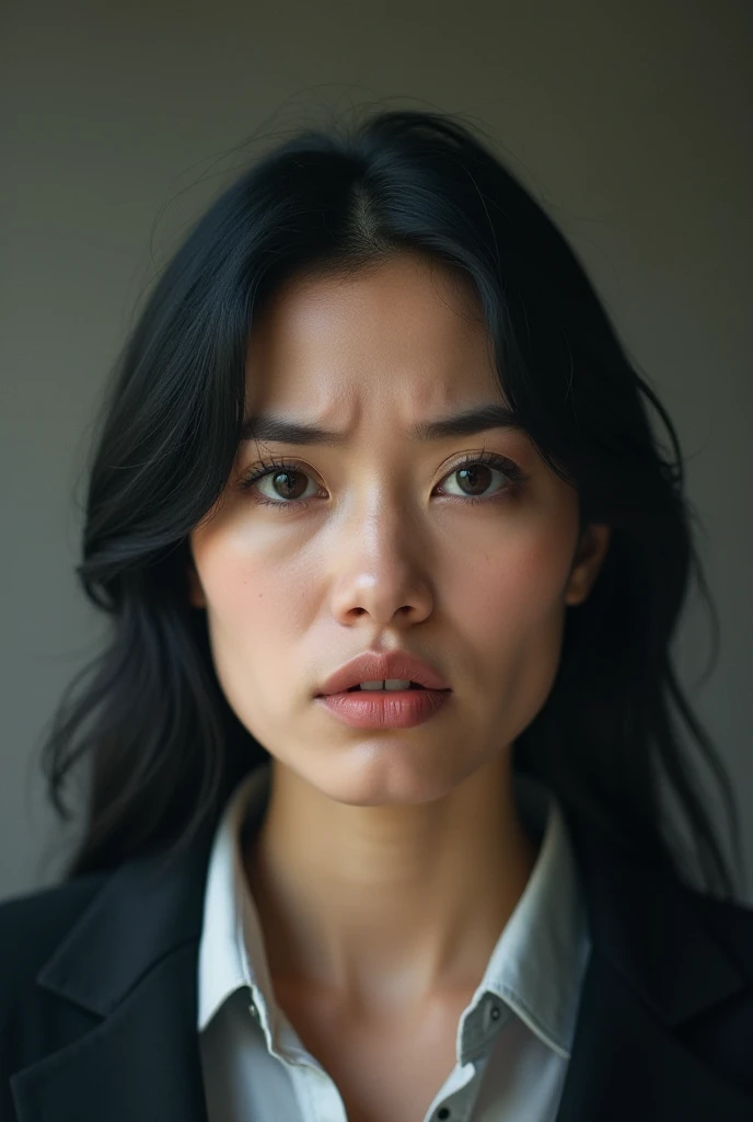 Create an image of a fair-skinned woman , slanted eyes and black hair ...