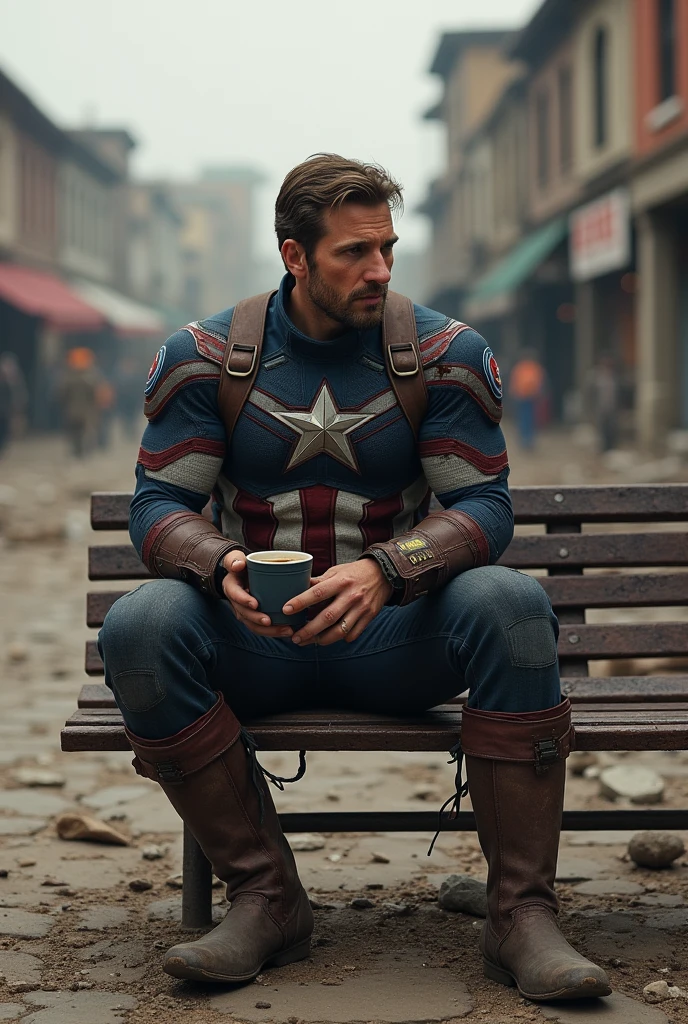 Bombed Captain America drinking coffee sitting on the bench in the ...