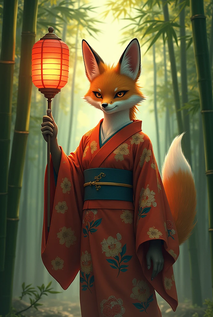 A hybrid of a fox and a human wearing a traditional kimono, holding a ...