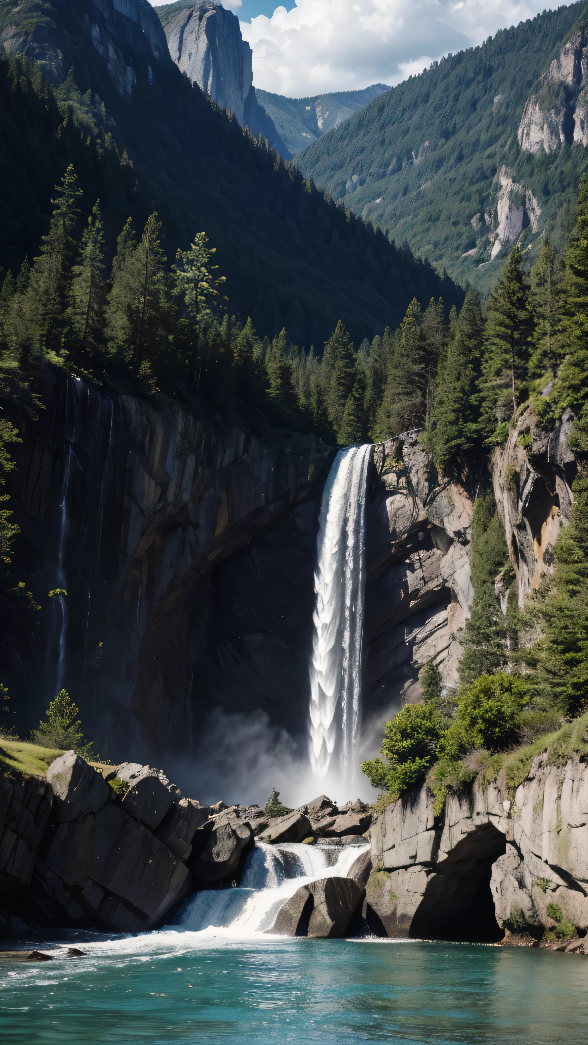 There is a waterfall that is flowing down the side of a mountain ...