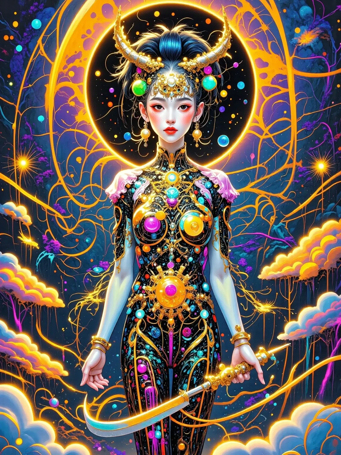 A dramatic, fully saturated depiction of a Cyber-Jester, their wiry ...