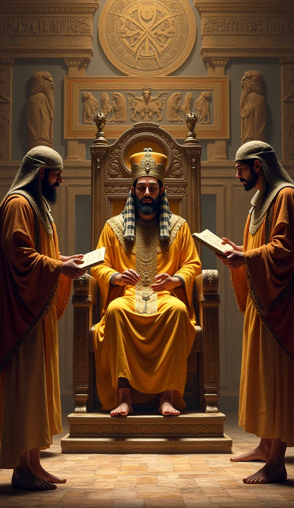 "A Sumerian king on a throne looking at records on law and tax tablets ...