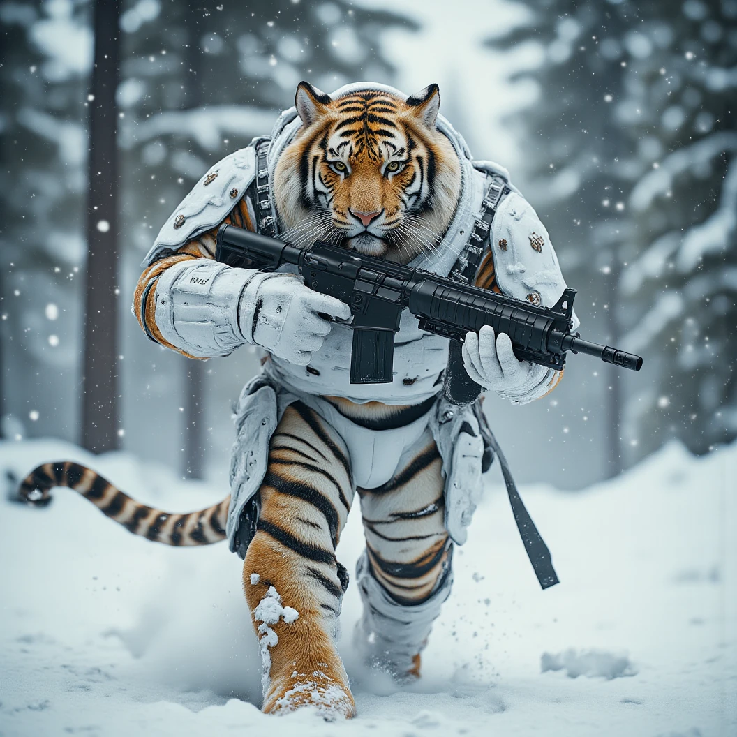 A muscular anthropomorphic orange tiger soldier. Donned in white arctic ...